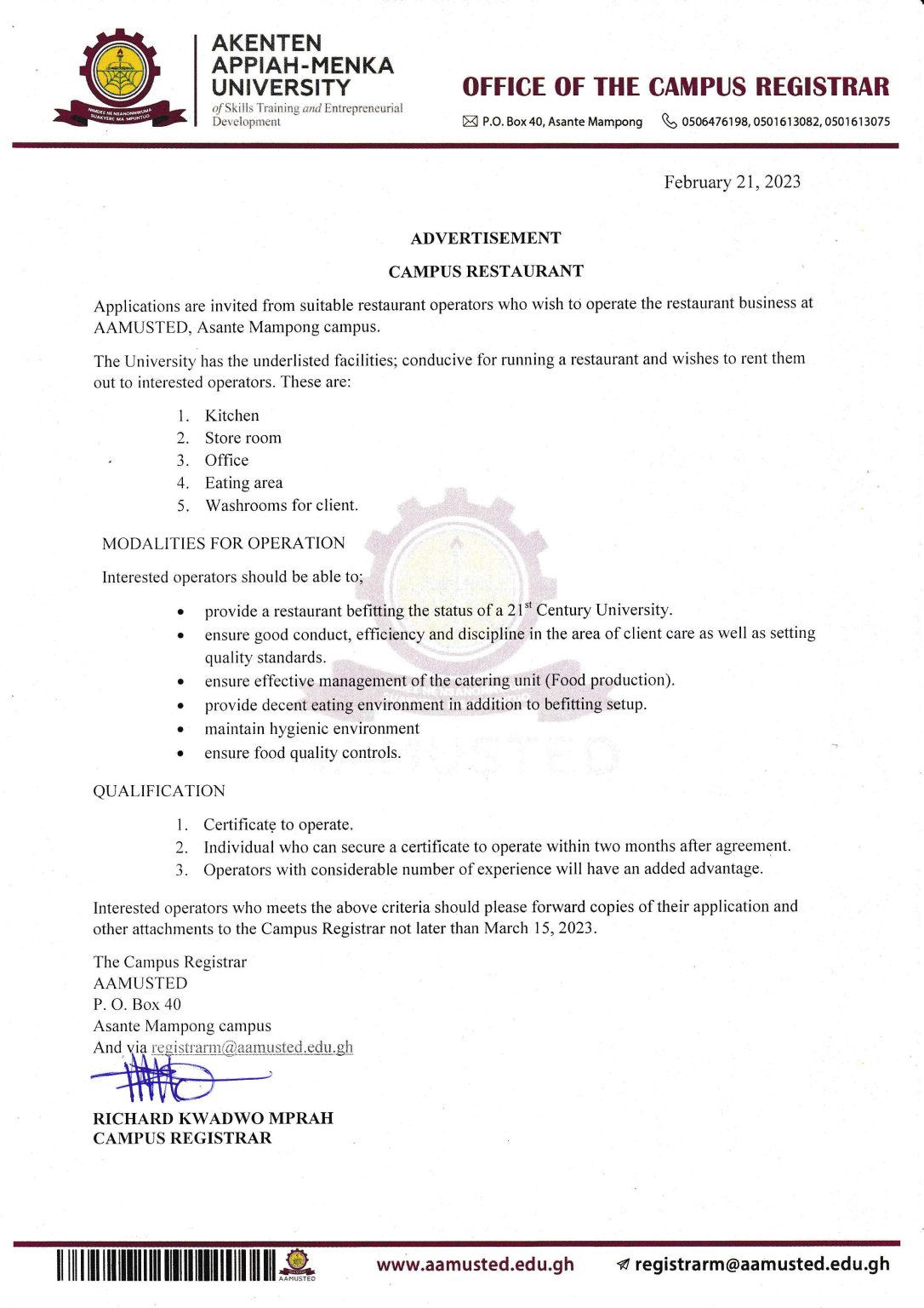 CAMPUS RESTAURANT – AAMUSTED-MAMPONG